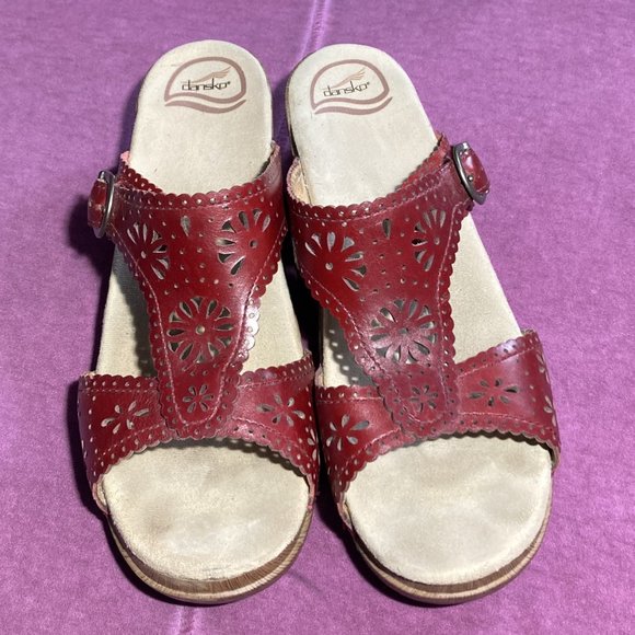 Dansko | Shoes | Dansko Red Sapphire Leather Slip On Wedge Heel Sandals ...
